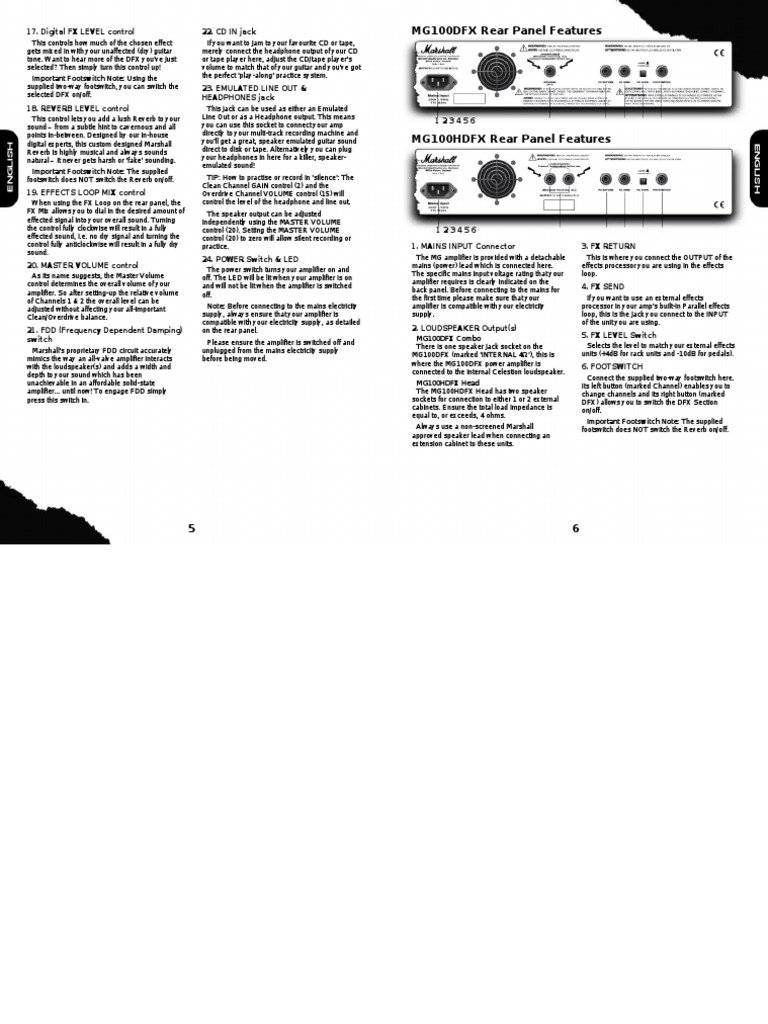 Marshall MG100DFX Manual (English - 6 Pages) | PDF | Amplifier ...