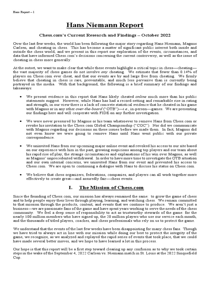Chess Cheating Report On Hans Niemann | PDF | Chess | Sports