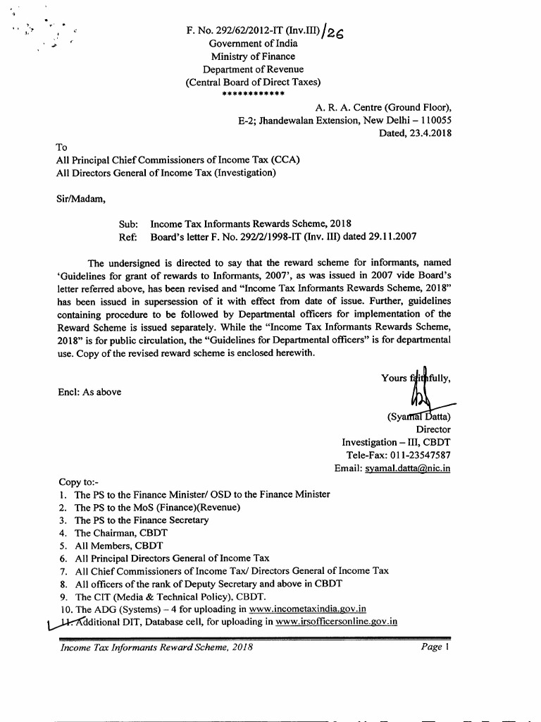 Letter IT Informants Rewards Scheme 1 5 18 PDF Indian Black Money