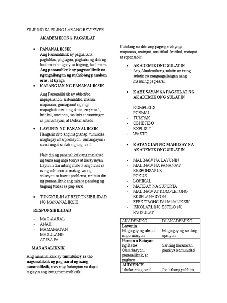 Filipino Sa Piling Larang Reviewer | PDF