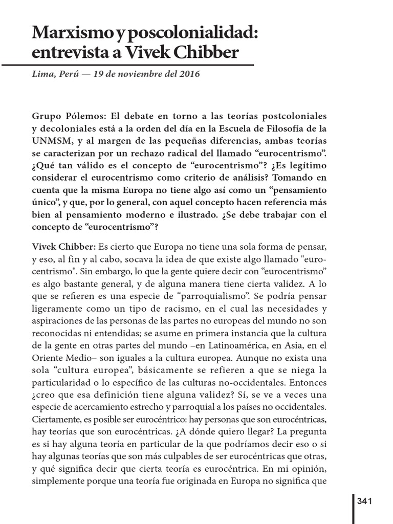 Chibber, Vivek-Marxismo y Poscolonialidad. Entrevista | PDF | marxismo ...