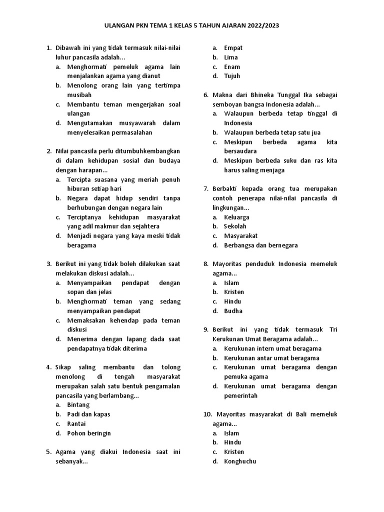 Ulangan PKN Tema 1 Kls 5 | PDF