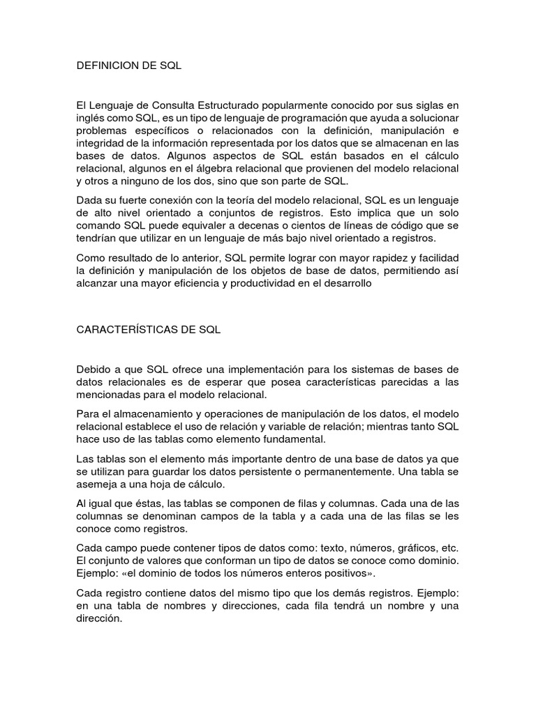 Definicion de SQL | PDF | SQL | Base de datos relacional