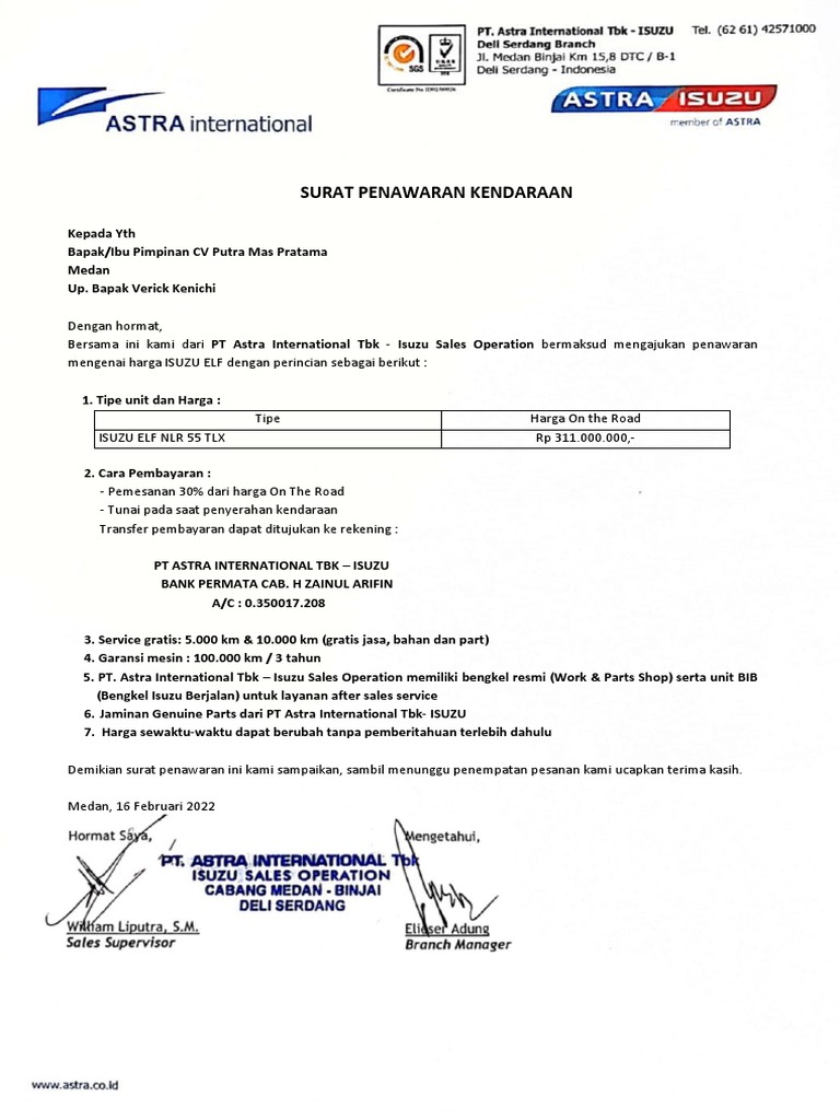 Surat Penawaran Kendaraan Isuzu ELF CV PMP | PDF
