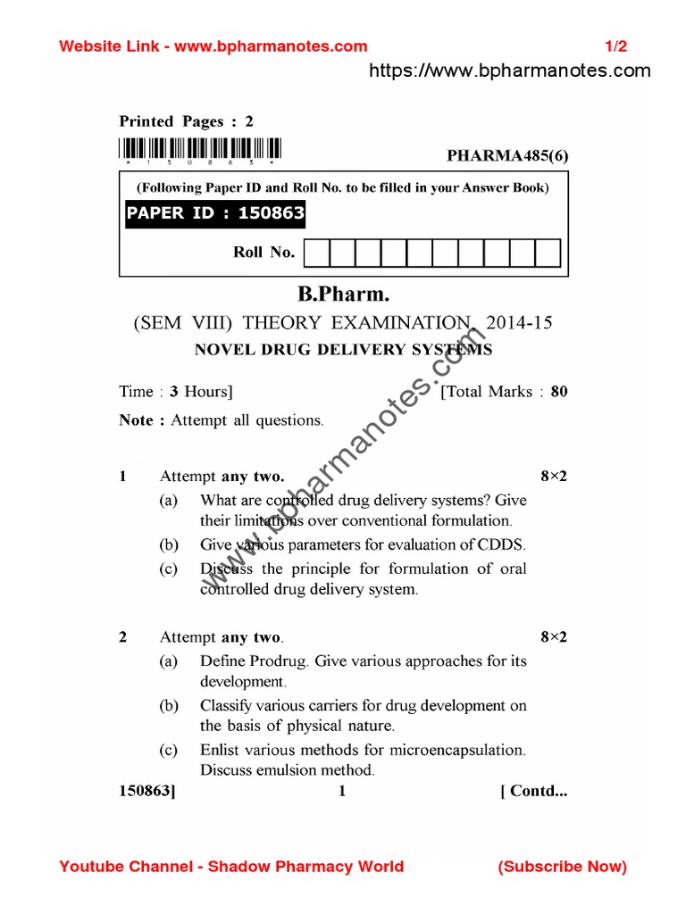 Bpharm 8 Sem Novel Drug Delivery Systems Pharm 485 2014 15 | PDF