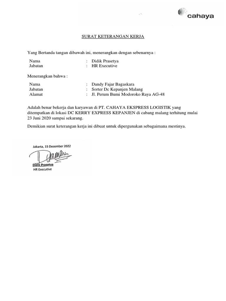 Surat Keterangan Kerja | PDF