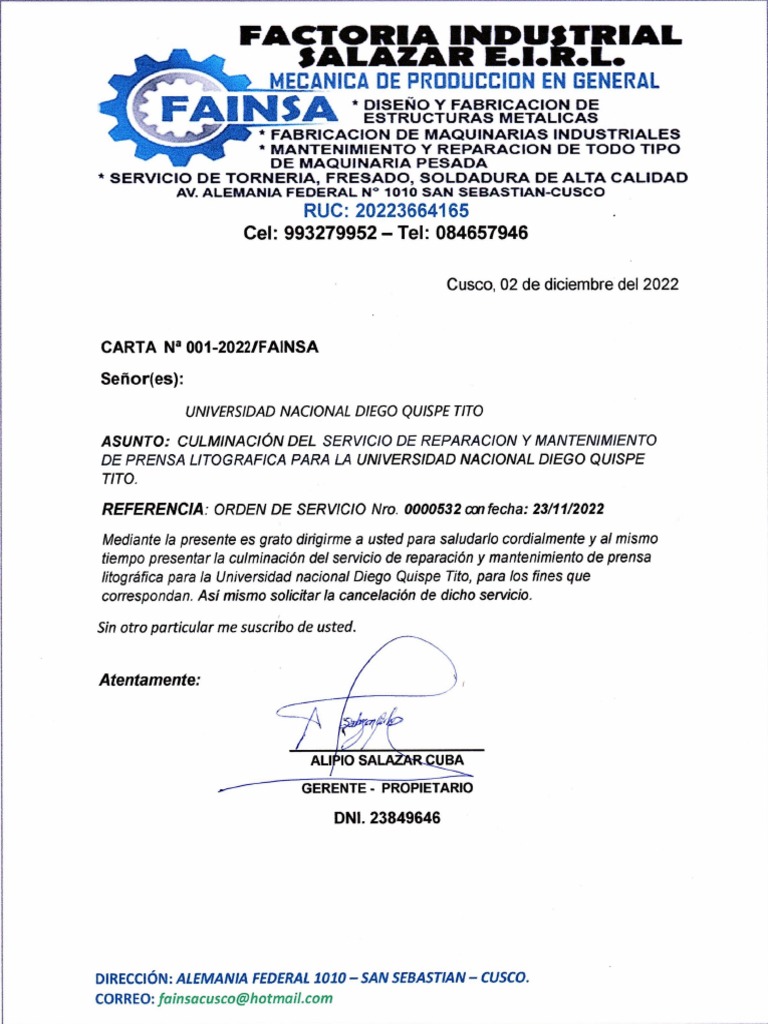 Carta de Culminación de Servicio | PDF