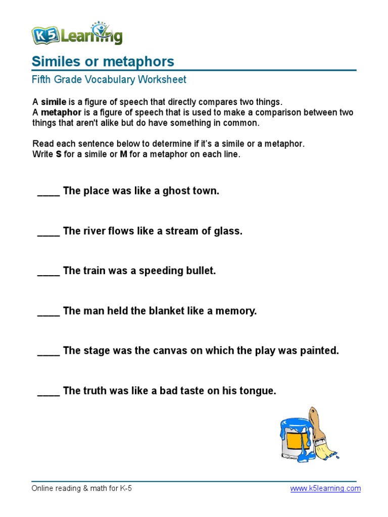 Simile and Metaphor Worksheet for 5th Grade | PDF | Language Arts ...