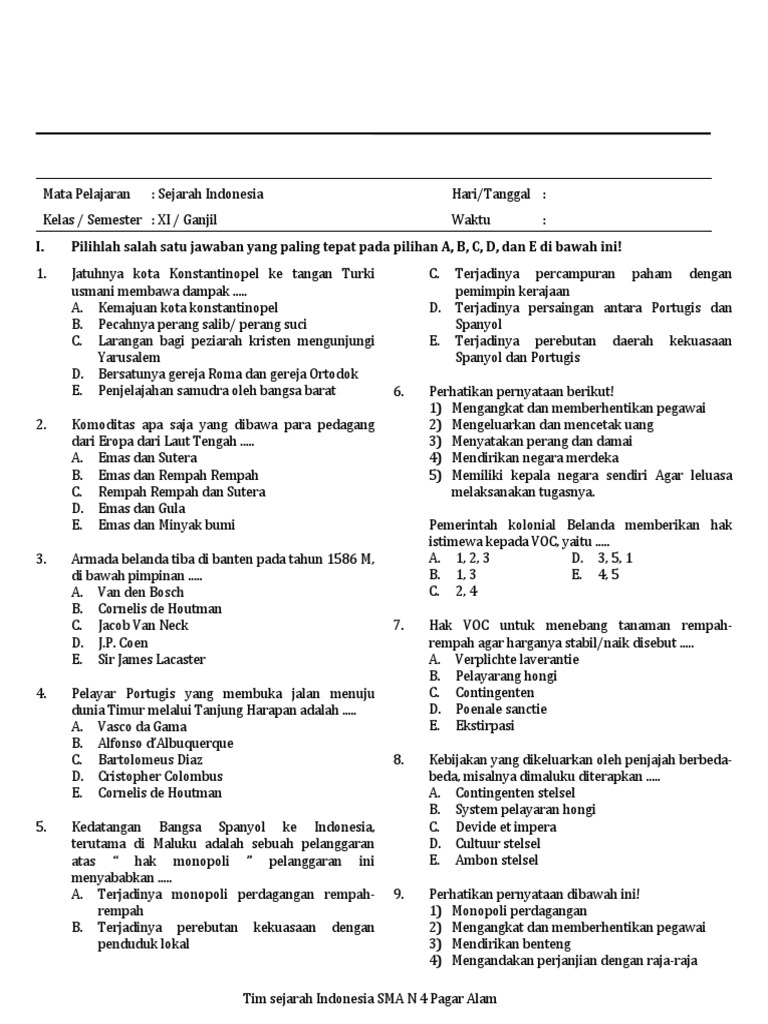 Soal PTS I Sejarah Indonesia XI | PDF
