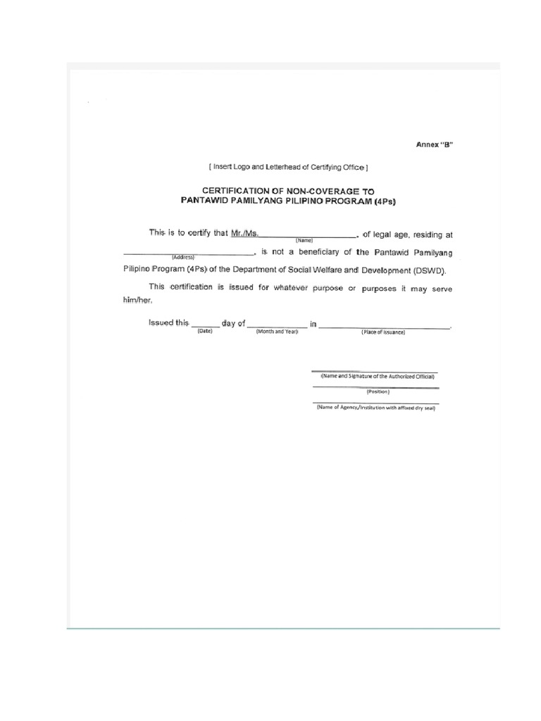 Sample Certification of Non 4Ps and Barangay Certification of Skill | PDF