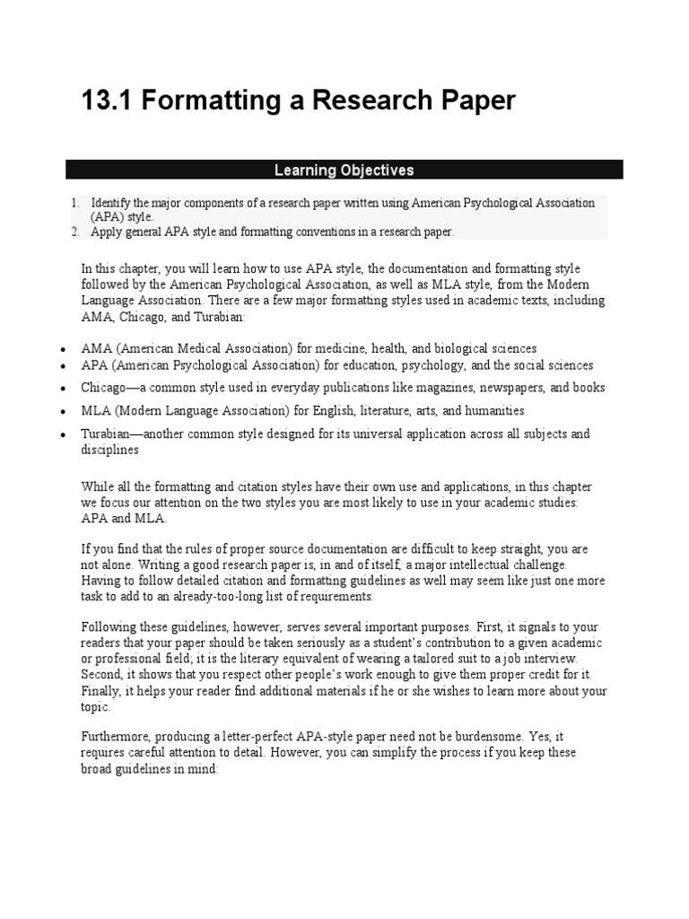 13.1 Formatting A Research Paper: Learning Objectives | PDF | Apa Style ...