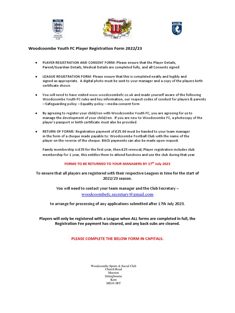 Woodcoombe Youth FC Player Registration Form 2022-23 | PDF | Consent ...