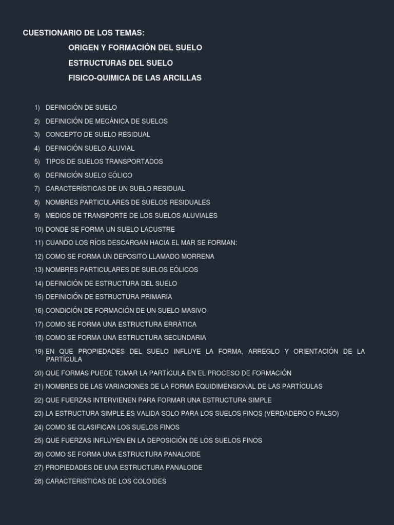 Cuestionario Origen y Formacion de Suelos | PDF | Suelo | Arcilla