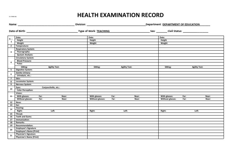 DepEd Health Examination Record Form 86 | PDF