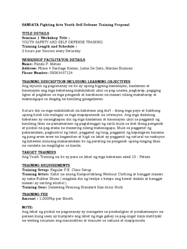 Villa Regina Youth Self Defense Training Proposal | PDF Villa Regina Youth Self Defense Training Proposal | PDF