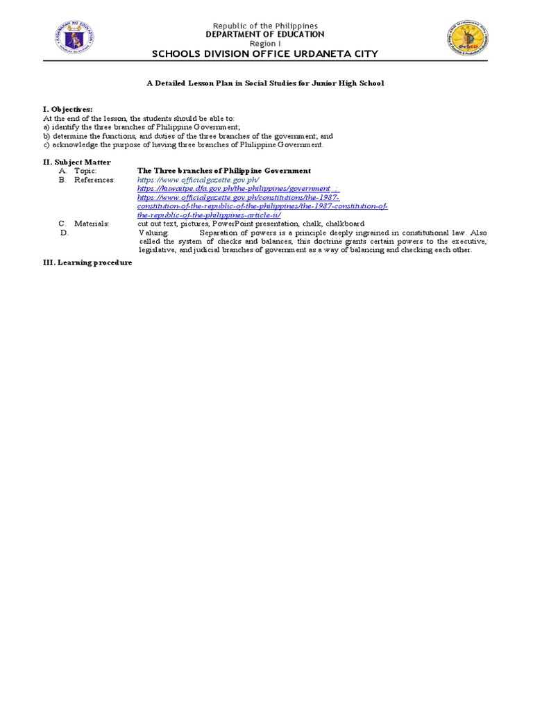 DLP-Three Branches of Government-Jhs | PDF | Separation Of Powers | Government