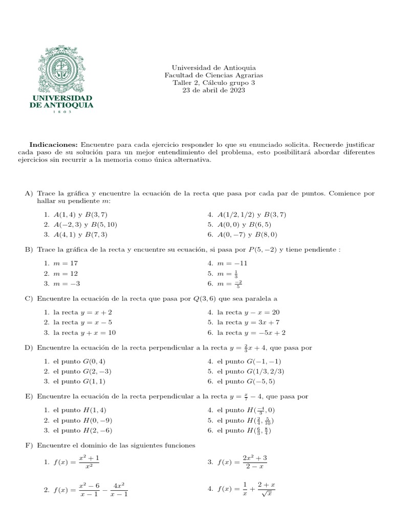 Taller 2 C Lculo | PDF | Matemáticas | Matemática Elemental