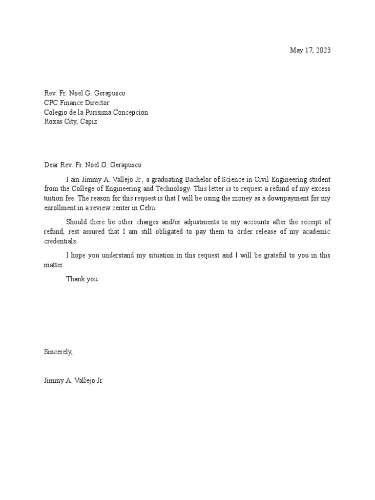 Refund Request Letter | Download Free PDF | Fee | Services (Economics)