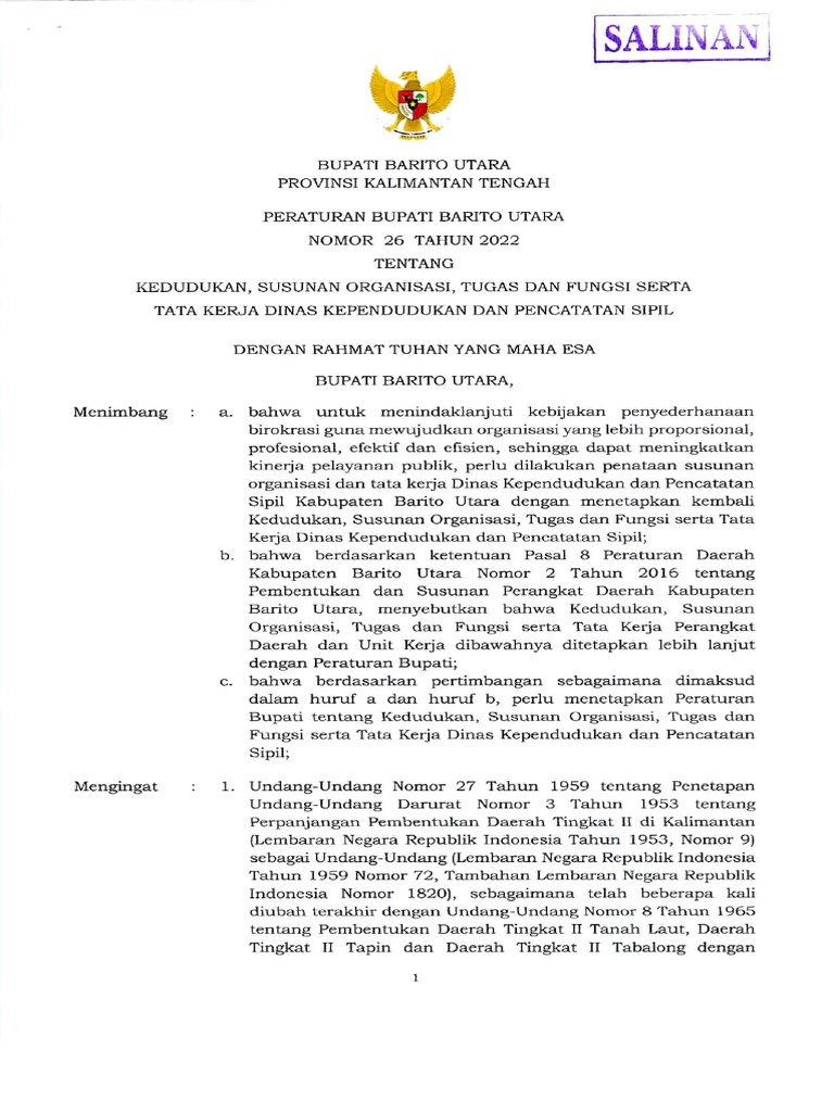 Perbup No 26 TH 2022 TTG SOTK Dinas Kependudukan Dan Pencatatan Sipil | PDF