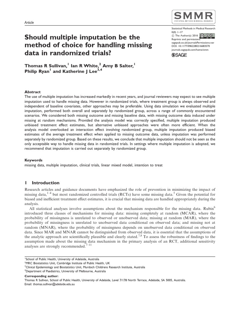 Sullivan Et Al 2018 - Should Multiple Imputation Be The Method of Choice For Handling Missing ...