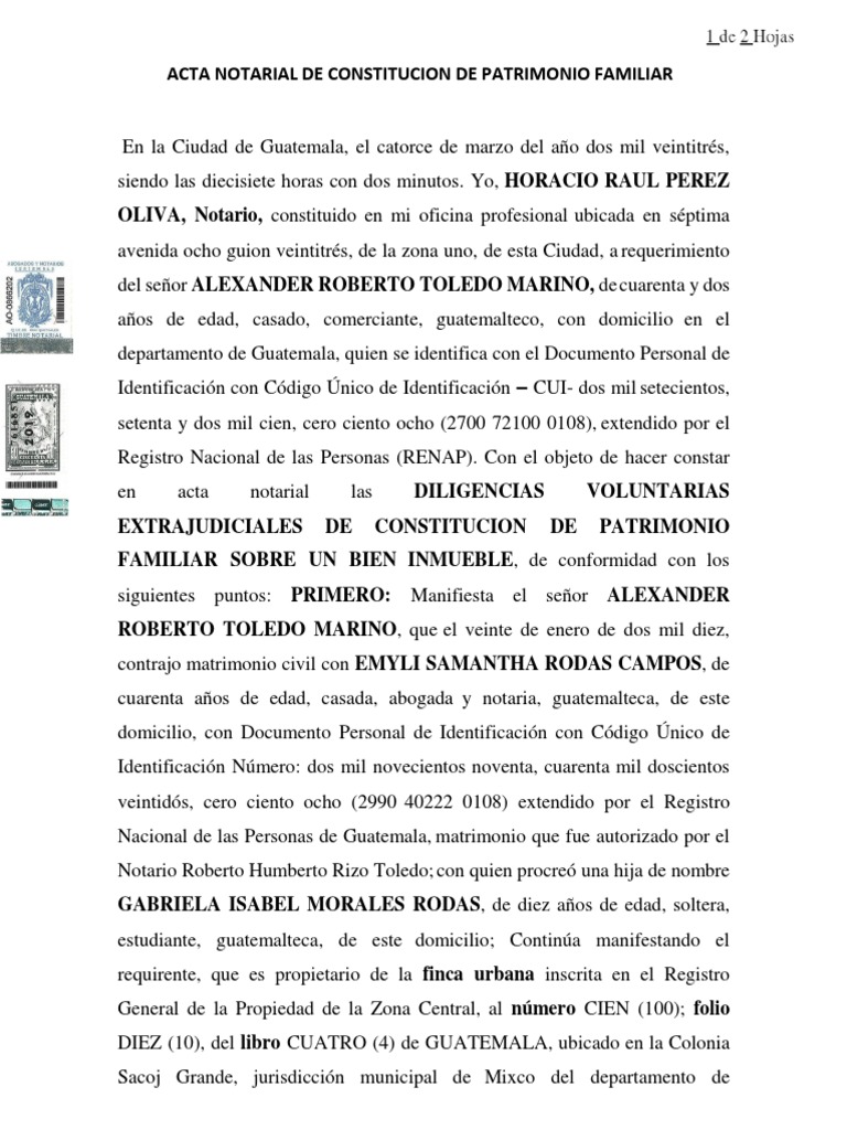 ACTA NOTARIAL de Constitucion de Patrimonio Familiar | PDF | Derecho ...