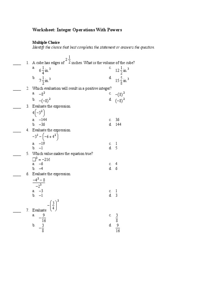 Worksheet Integer Operations With Powers | PDF | Radioactive Decay | Elementary Mathematics