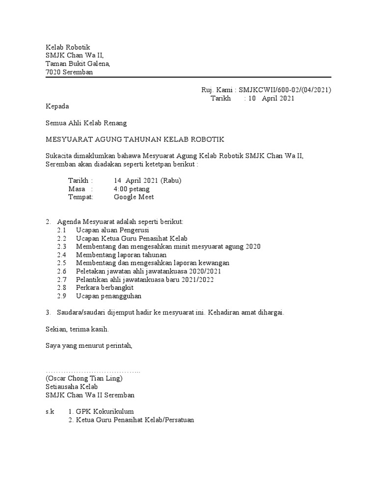 Surat Notis Mesyuarat Agung | PDF