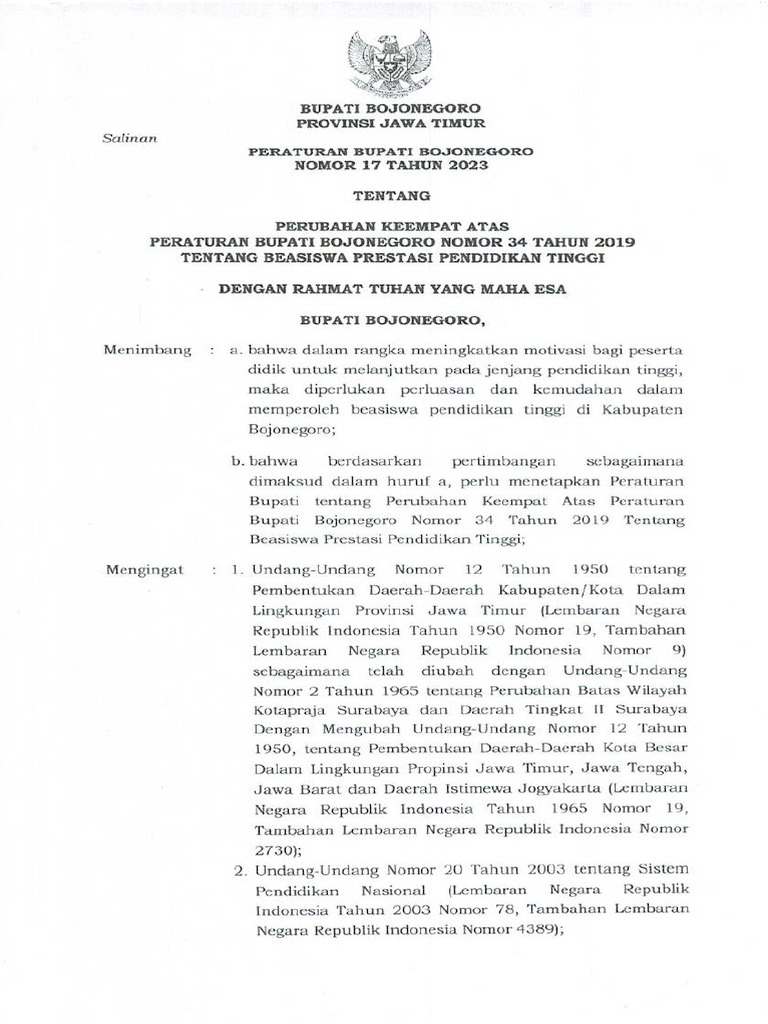 Perbup Beasiswa 17 Tahun 2023 | PDF