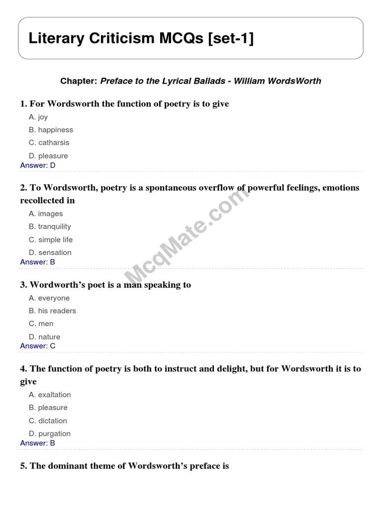 Literary Criticism (Chapter - Preface To The Lyrical Ballads - William ...
