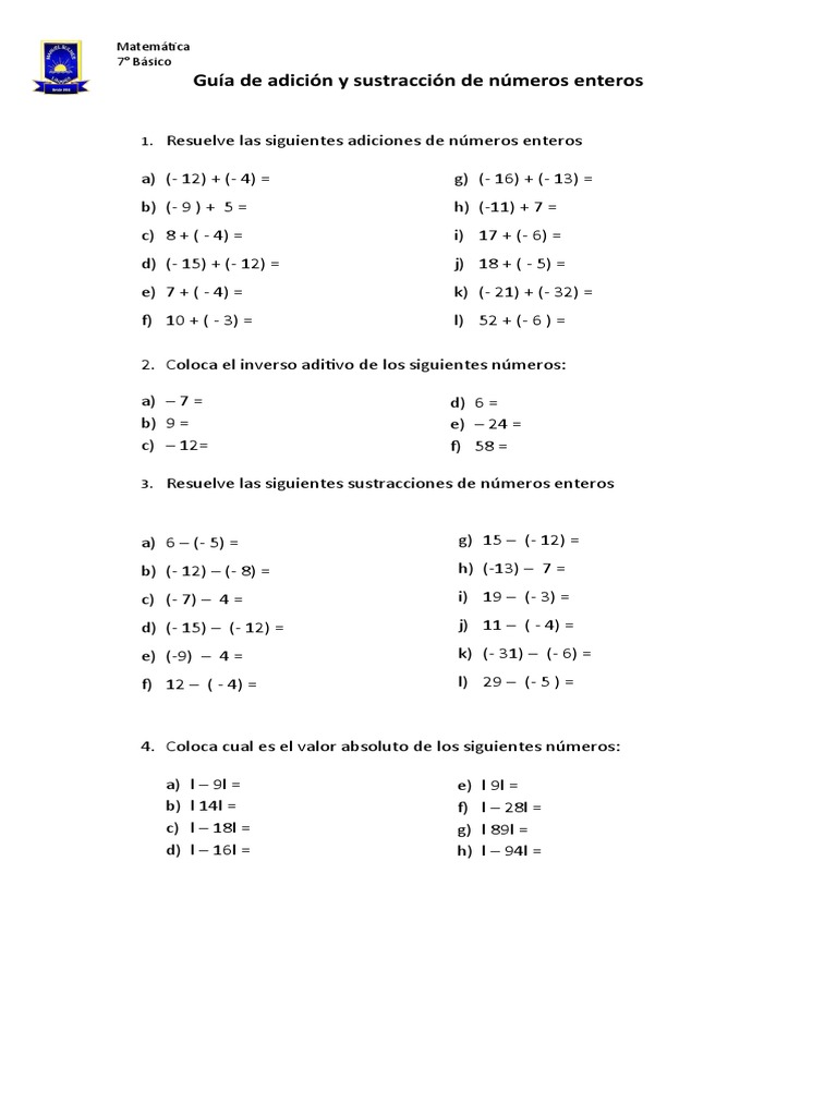 Semana 2. Guia de Adición y Sustracción de N° Enteros. 7° Básico | PDF
