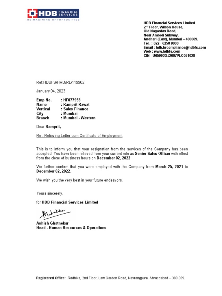HDB Financial Services Relieving Letter | PDF