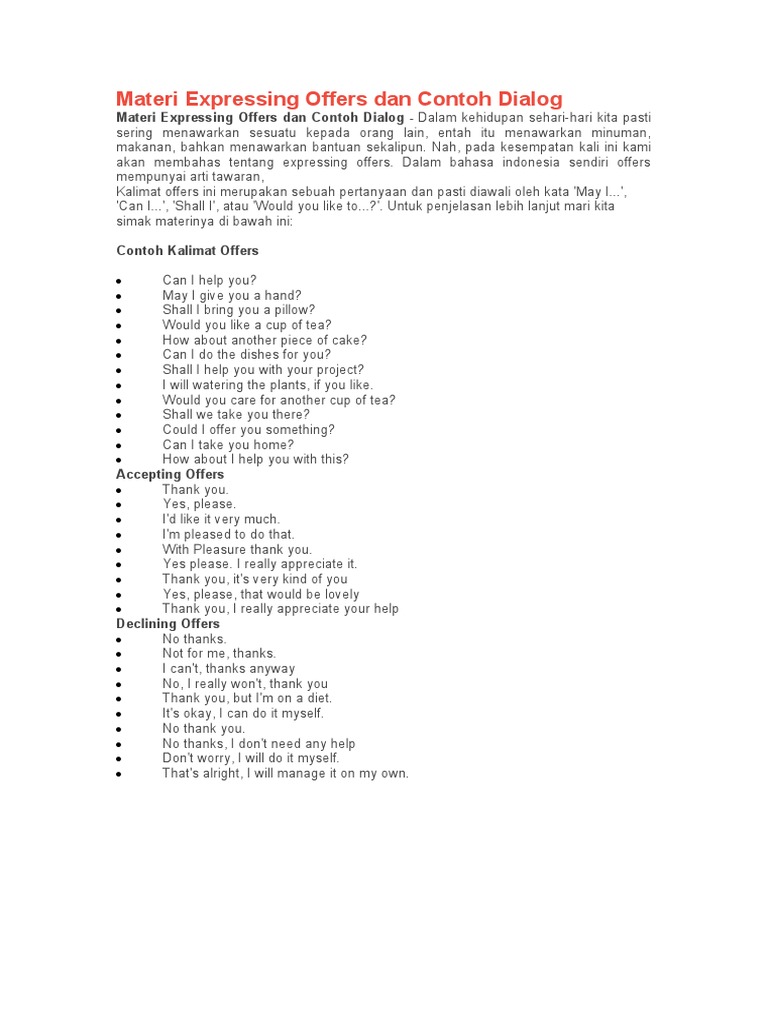 Materi Expressing Offers Dan Contoh Dialog | PDF