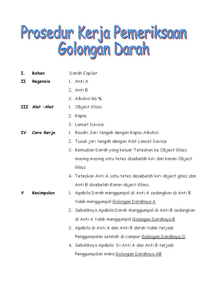 Prosedur Kerja Pemeriksaan Golongan Darah | PDF Prosedur Kerja Pemeriksaan Golongan Darah | PDF