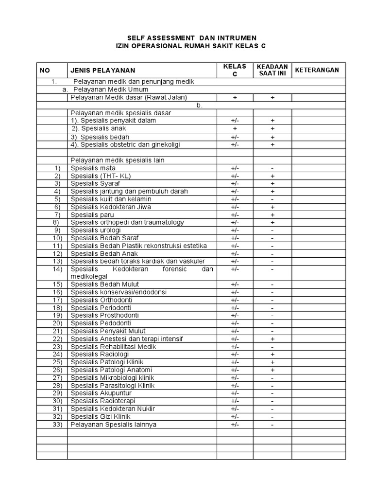 INSTRUMEN SELF ASSESSMENT IZIN OPERASIONAL RUMAH SAKIT KELAS C Rev1 | PDF
