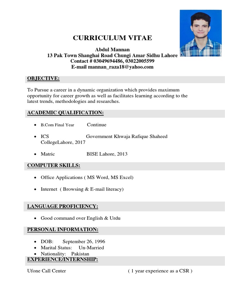Abdul+Mannan+CC+Call+Center+CV 1 | PDF