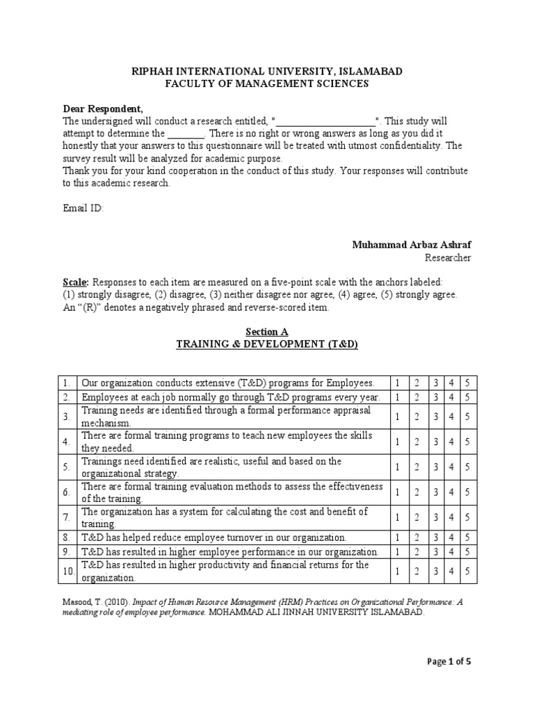 Sample Questionnaire | PDF | Industrial And Organizational Psychology ...