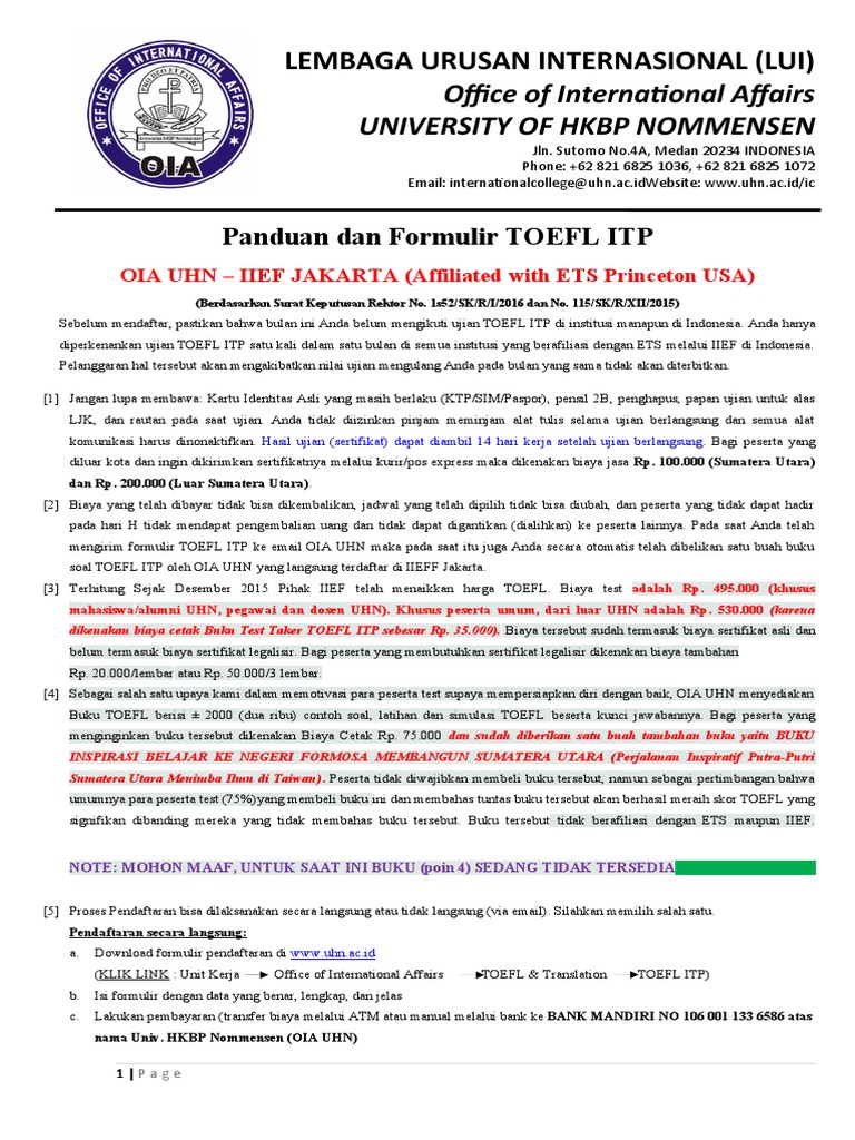 Panduan Dan Formulir TOEFL ITP | PDF