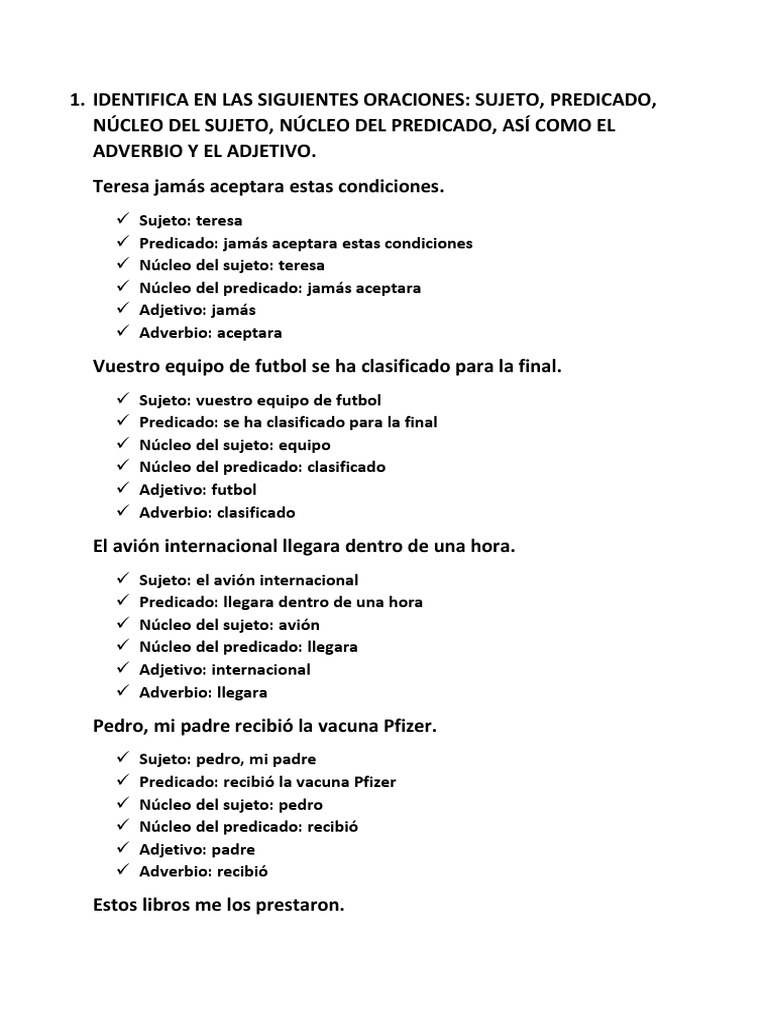 Ejemplos de Oraciones con Sujeto y Predicado | PDF | Predicado ...