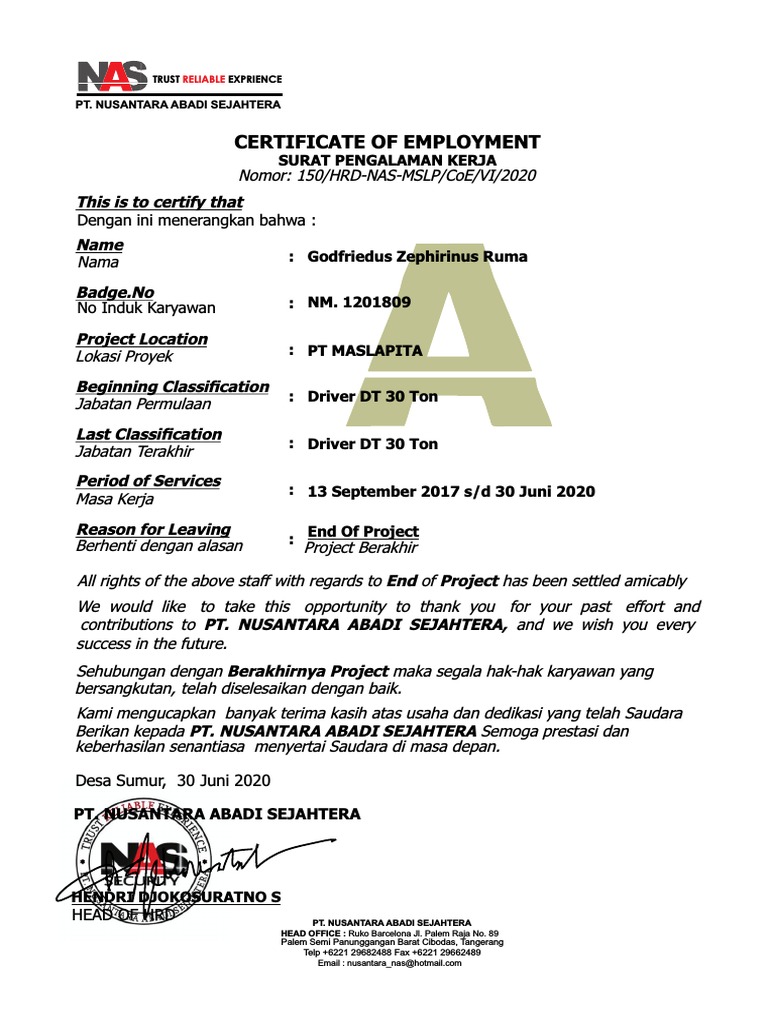 Paklaring PT NAS | PDF | Pengelolaan Keuangan & Uang