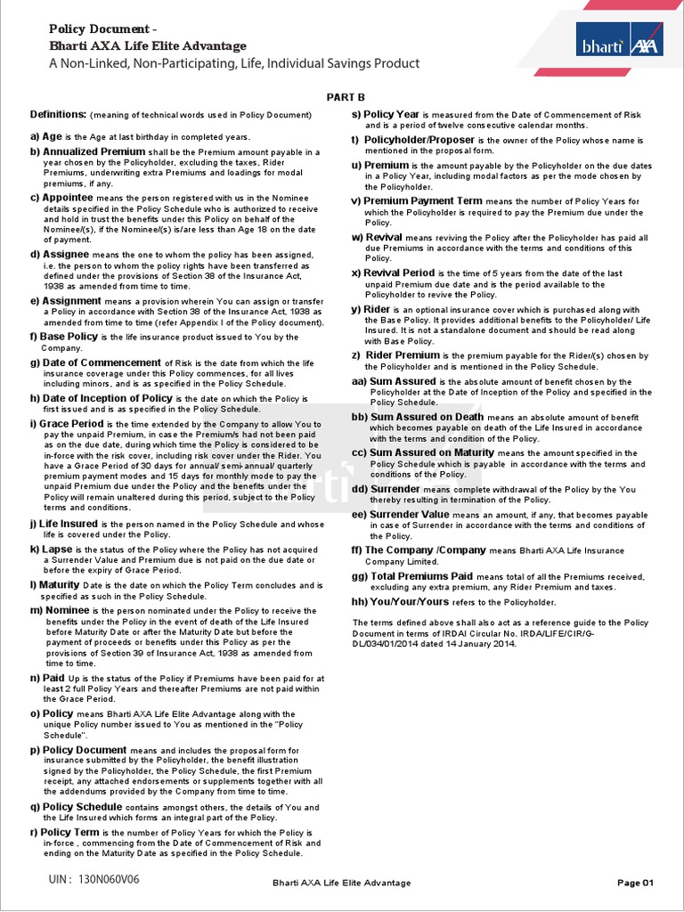 Bharti AXA Policy Document Elite Advantage | PDF | Insurance | Life ...