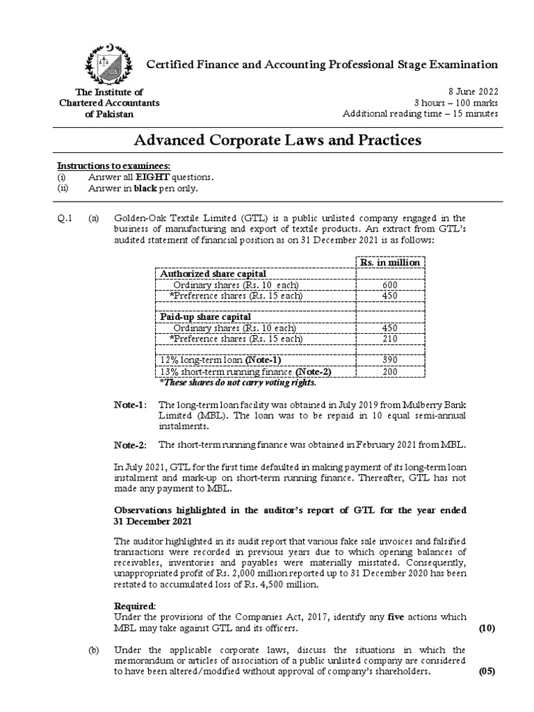 CFAP 2 CLS Summer 2022 | PDF | Banks | Corporate Law