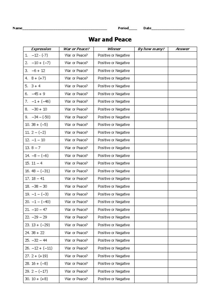 War and Peace Math Expressions | PDF | Teaching Methods & Materials