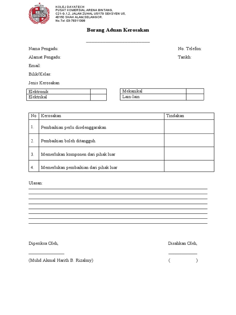 Borang Aduan Kerosakan Bengkel | PDF
