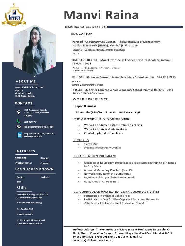 Manvi Raina Resume | Download Free PDF | Educational Technology