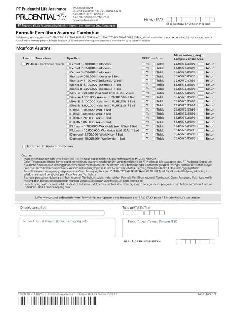 Formulir Pemilihan Asuransi Tambahan PRULink NextGen V0223 | PDF