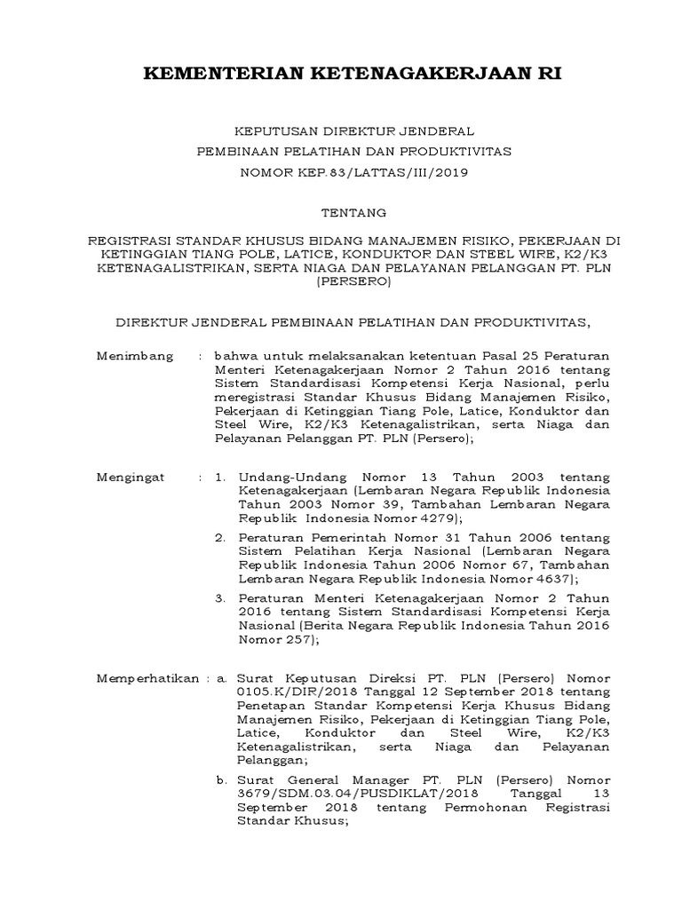 KEPDIRJEN 83-2019 SKK Manajemen Risiko, Pekerjaan Di Ketinggian Tian Pole, Latice, Konduktor Dan ...