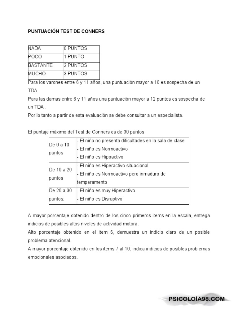 Test de Conner | PDF | Desorden hiperactivo y deficit de atencion ...