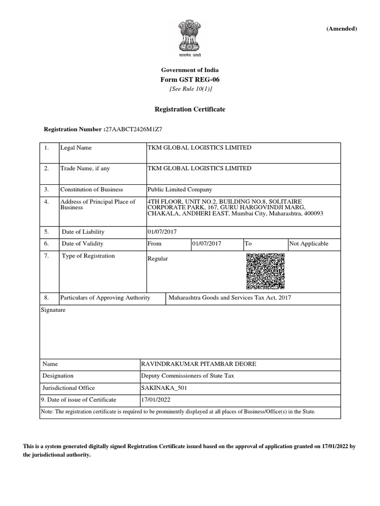 GST Registration Certificate for TKM Global | PDF | Business | Taxes