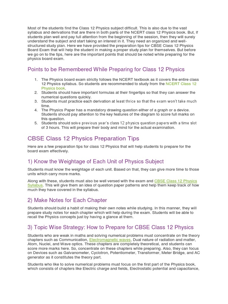 Class 12 Physics Exam Tips | PDF | Electricity | Electromagnetic Radiation