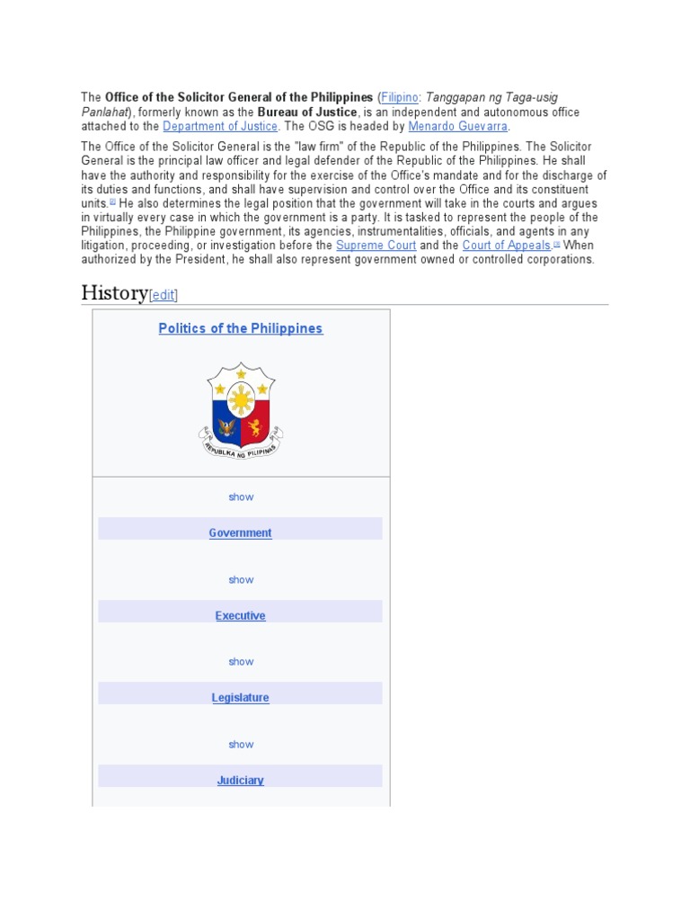 Philippine Solicitor General Overview | PDF | Government | Philippines